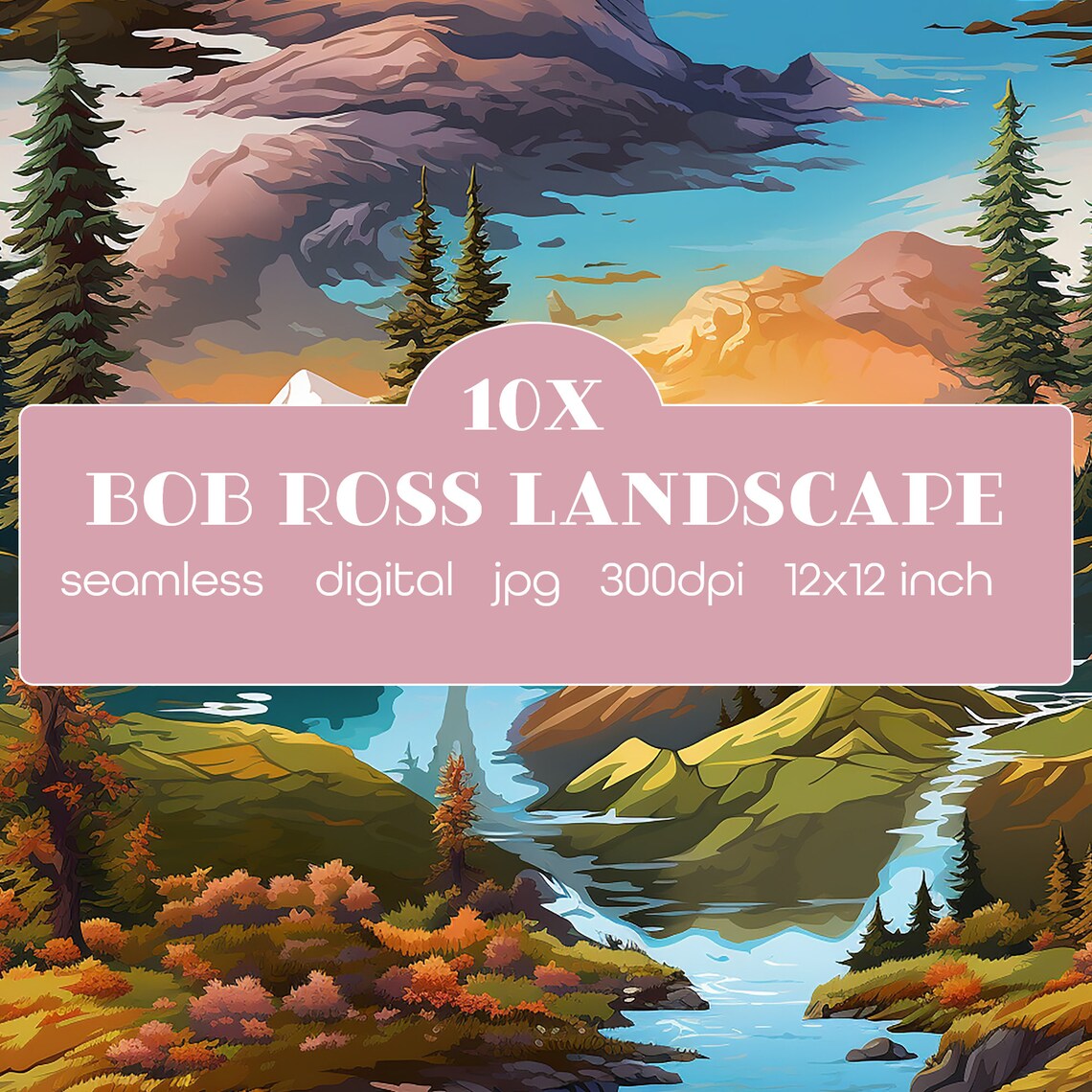 Bob Ross Inspired Landscape Digital Paper SEAMLESS 3D Pattern 10 ...