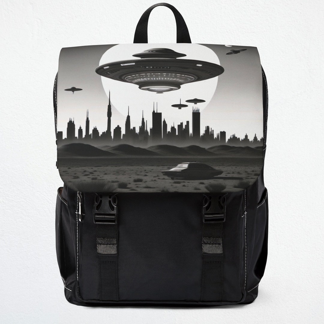 Black and White Retro Alien UFO Invasion Canvas Backpack, Weekend and ...