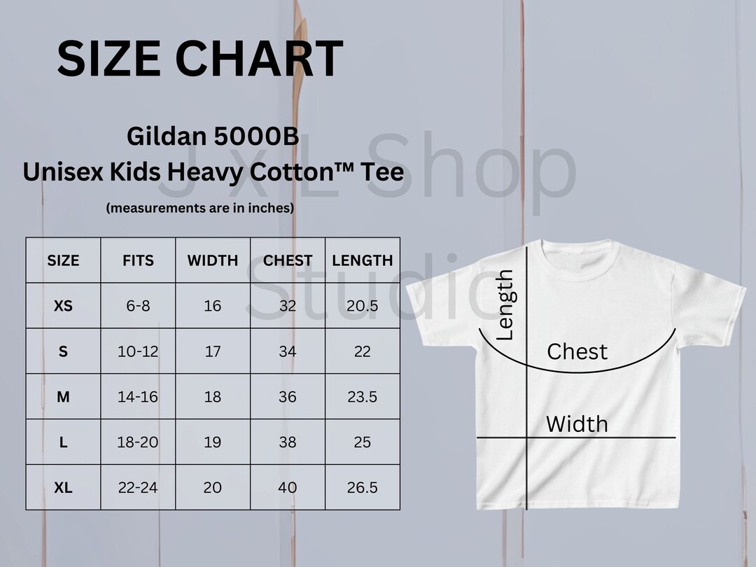 Set of 2, Gildan 5000B Unisex Kids Size Chart, 5000B Size Chart, Size ...