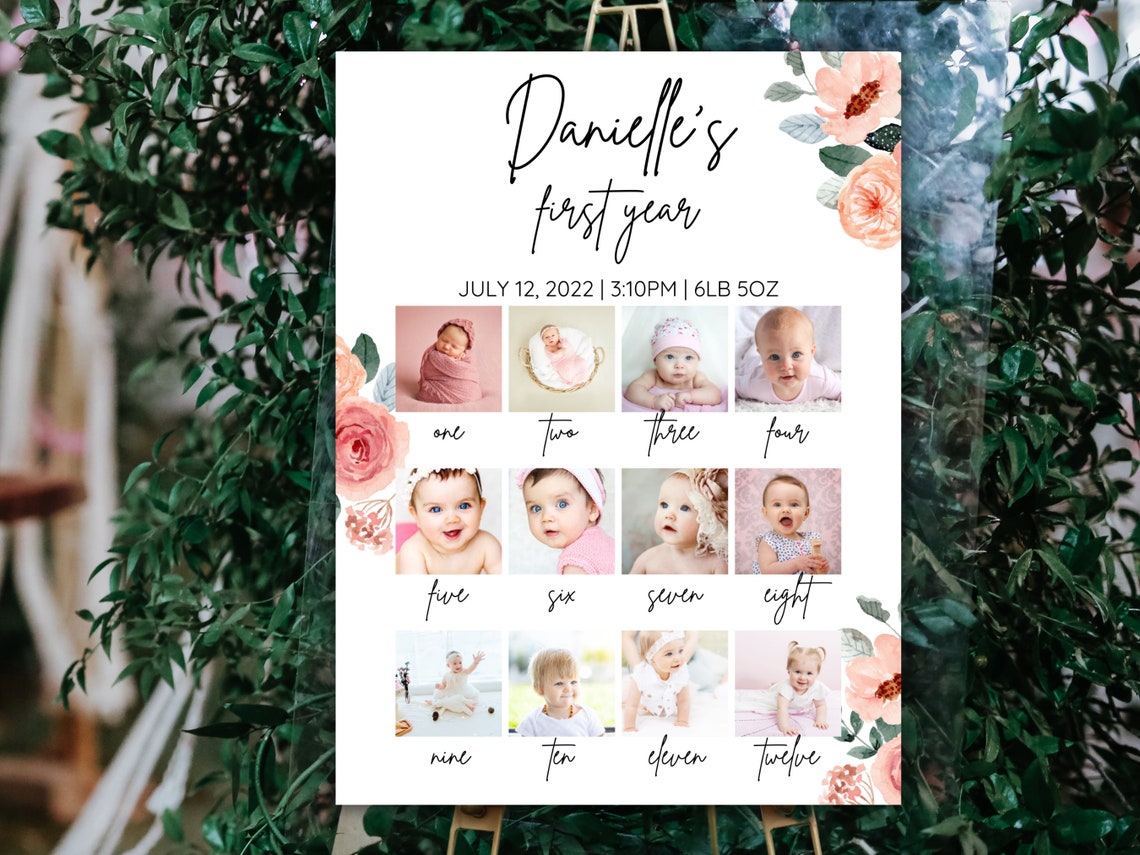 Floral First Birthday Milestone Sign Template, First Birthday Sign ...