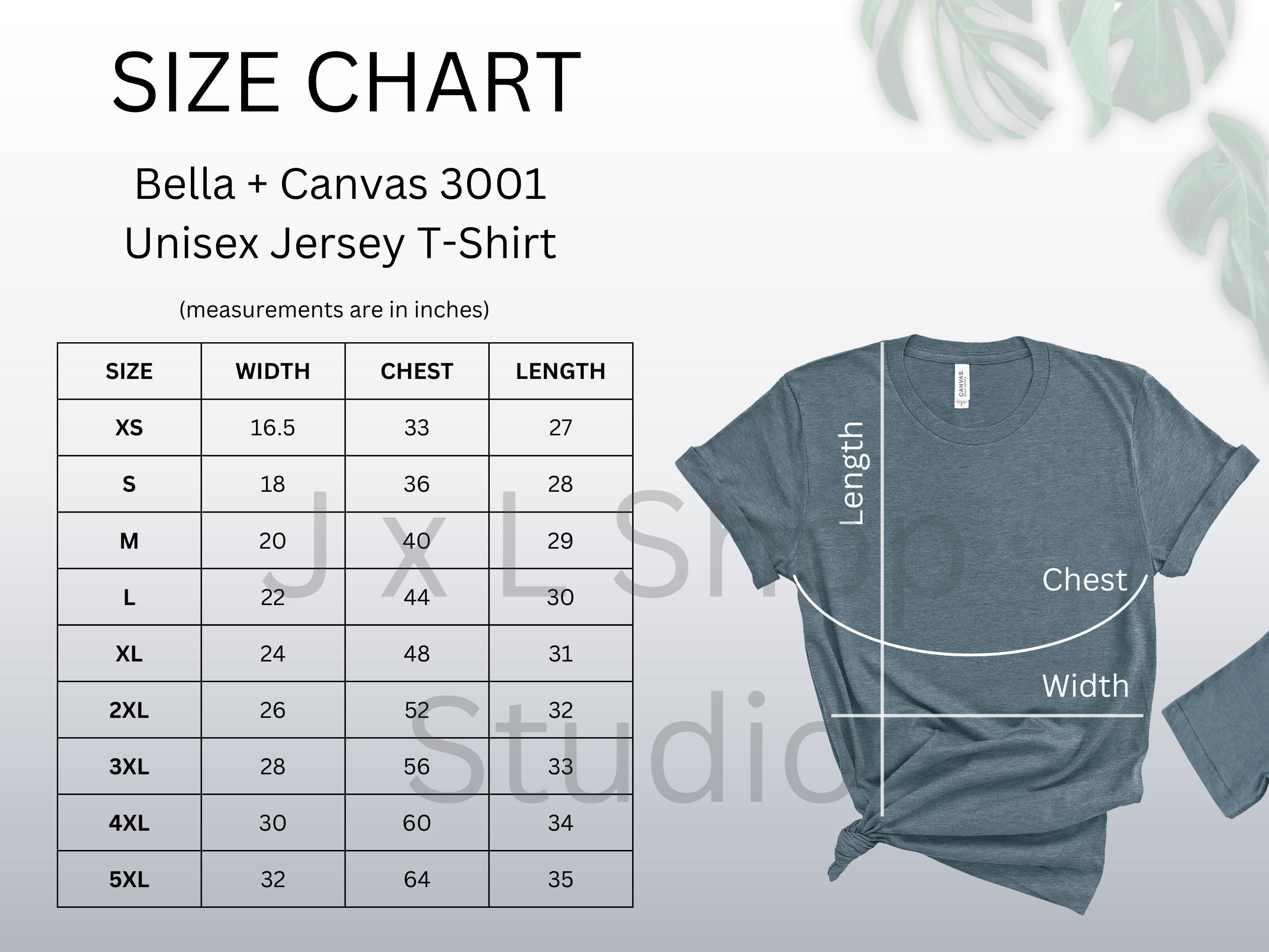 Bella Canvas 3001 Size Chart, 3001 Size Chart, Size Chart for Bella ...