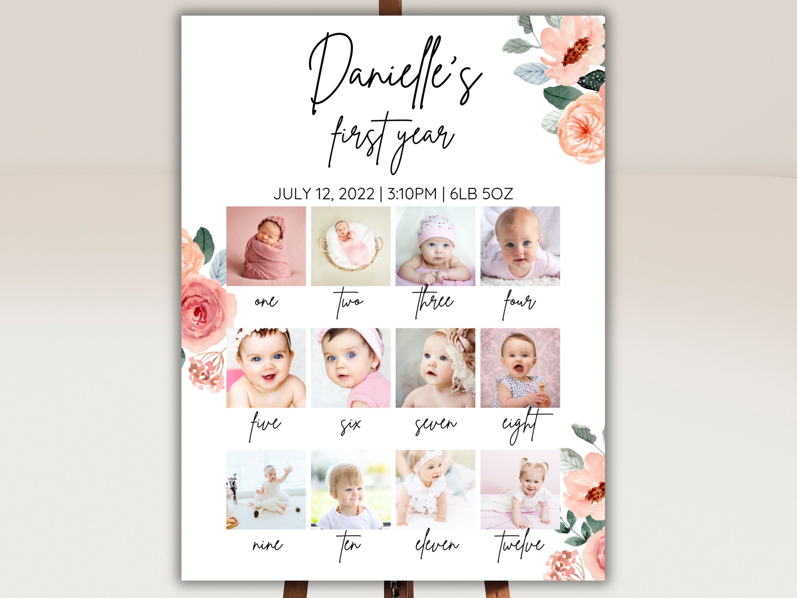 Floral First Birthday Milestone Sign Template, First Birthday Sign ...