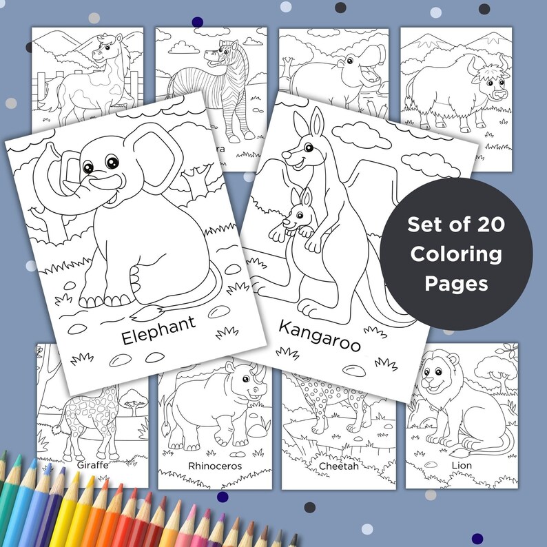 Animal Coloring Pages, Set of 20, Printable Coloring Pages, Kids ...