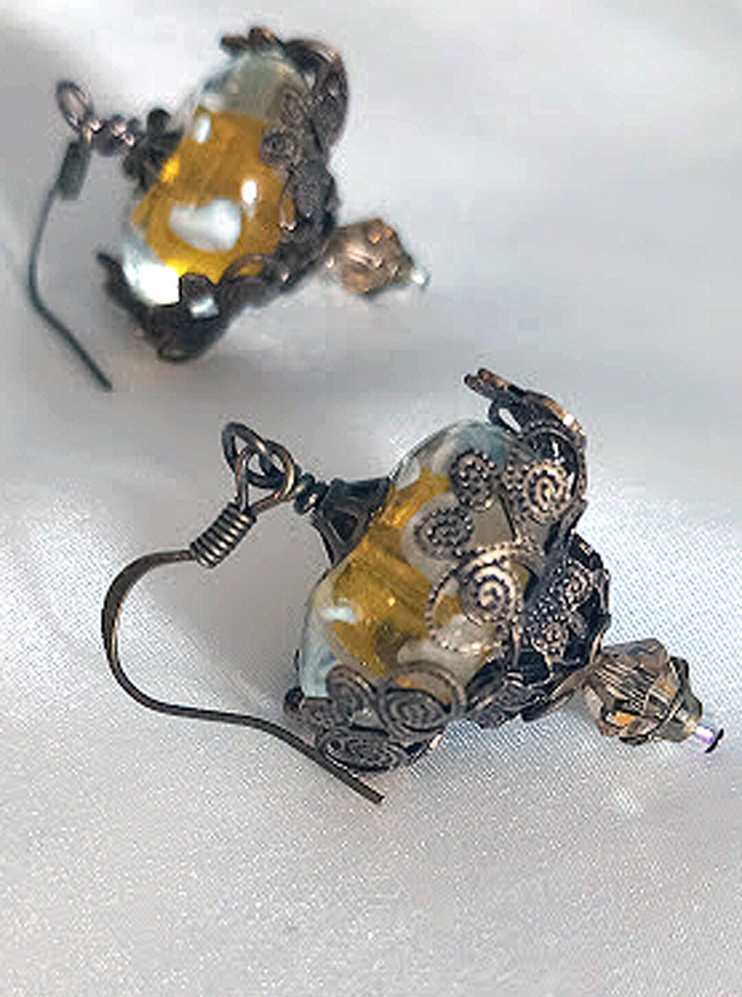 Handmade Bead, Clear/yellow Glass Rondelle, Filigrees, Unique Design ...