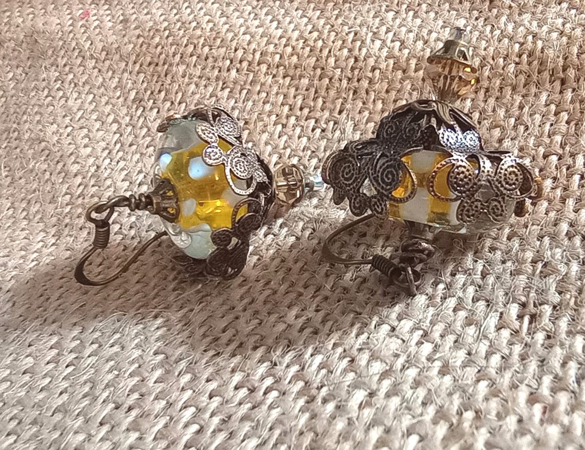 Handmade Bead, Clear/yellow Glass Rondelle, Filigrees, Unique Design ...