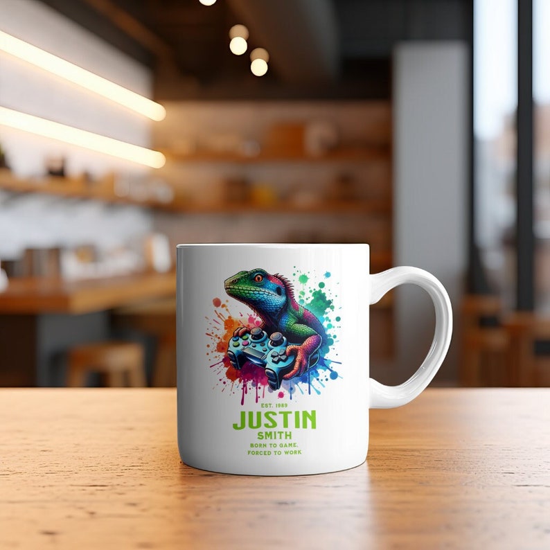 Gaming Lizard Mug Cute Reptile Gamer Custom Name Text Coffee Cup ...