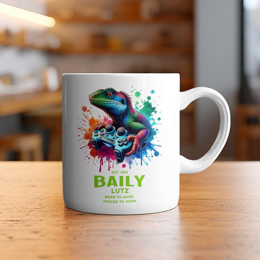 Gaming Lizard Mug Cute Reptile Gamer Custom Name Text Coffee Cup ...