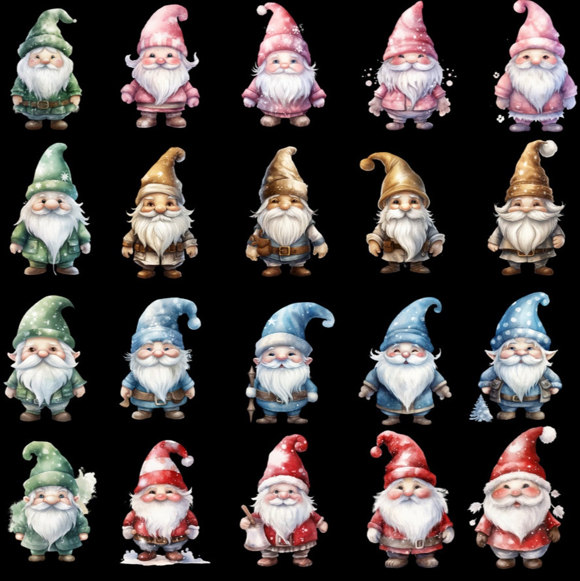 Watercolor Festive Gnomes Collection Clipart, 20 PNG Christmas Gnomes ...