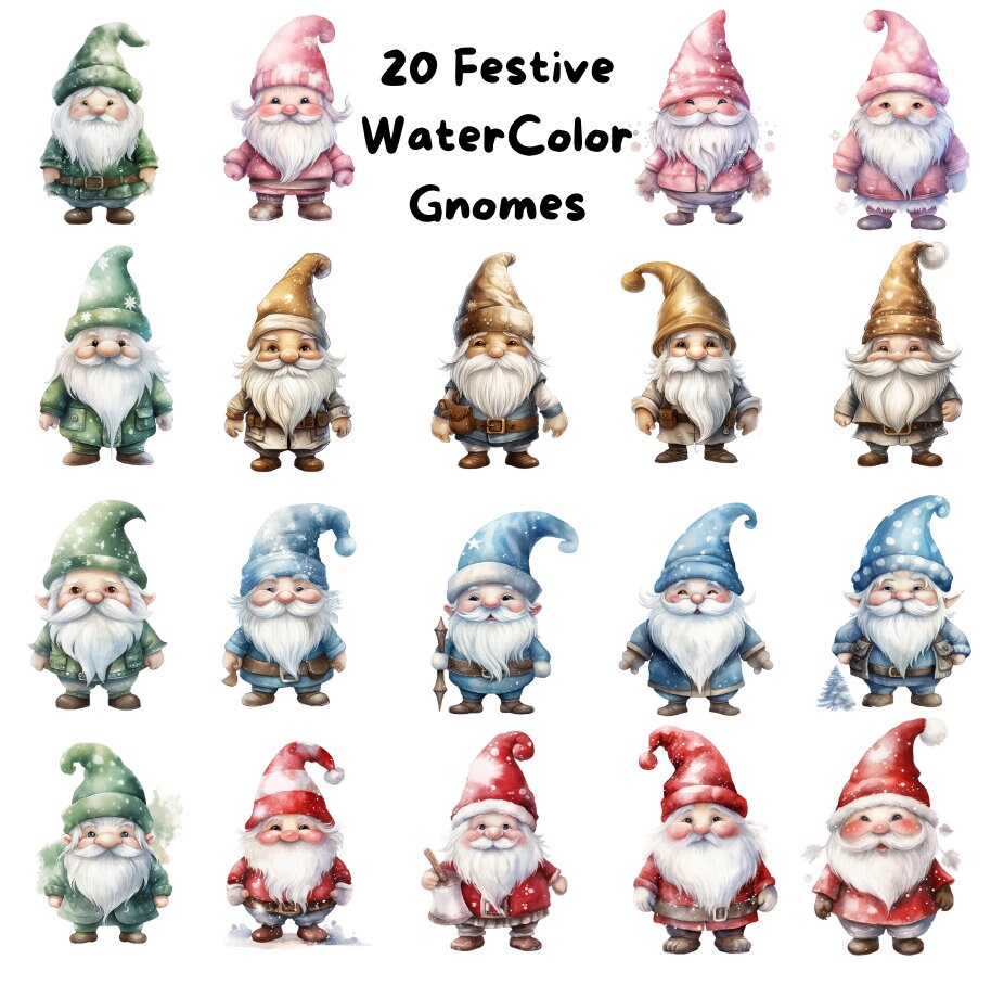 Watercolor Festive Gnomes Collection Clipart, 20 PNG Christmas Gnomes ...