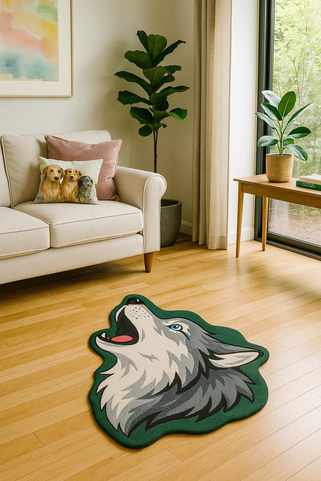 Howling Wolf Rug – Handmade Wool Animal Rug – Grey & Green Wild Forest ...