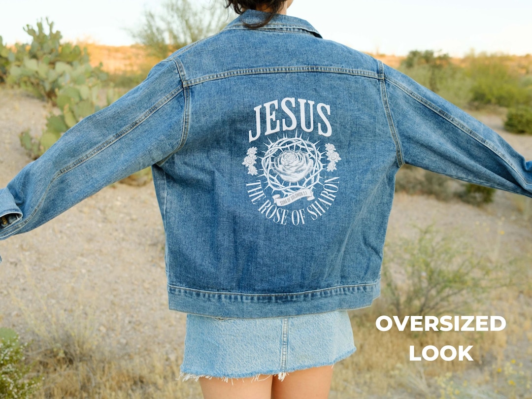 Christian Denim Jacket: Jesus Rose Bible Verse, Oversized Fit - Etsy