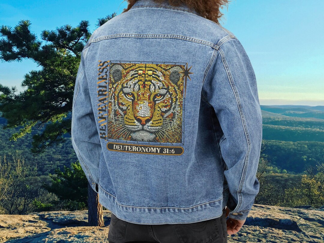 Mens Christian Tiger Mosaic Denim Jacket Bible Verse Jean Jacket ...