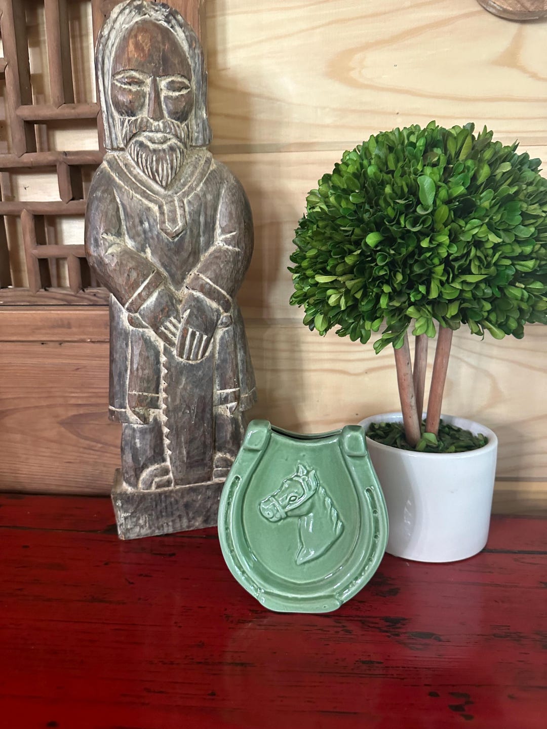 Vintage Signed Mccoy Good Luck Horse/horse Shoe Green Wall Pocket - Etsy