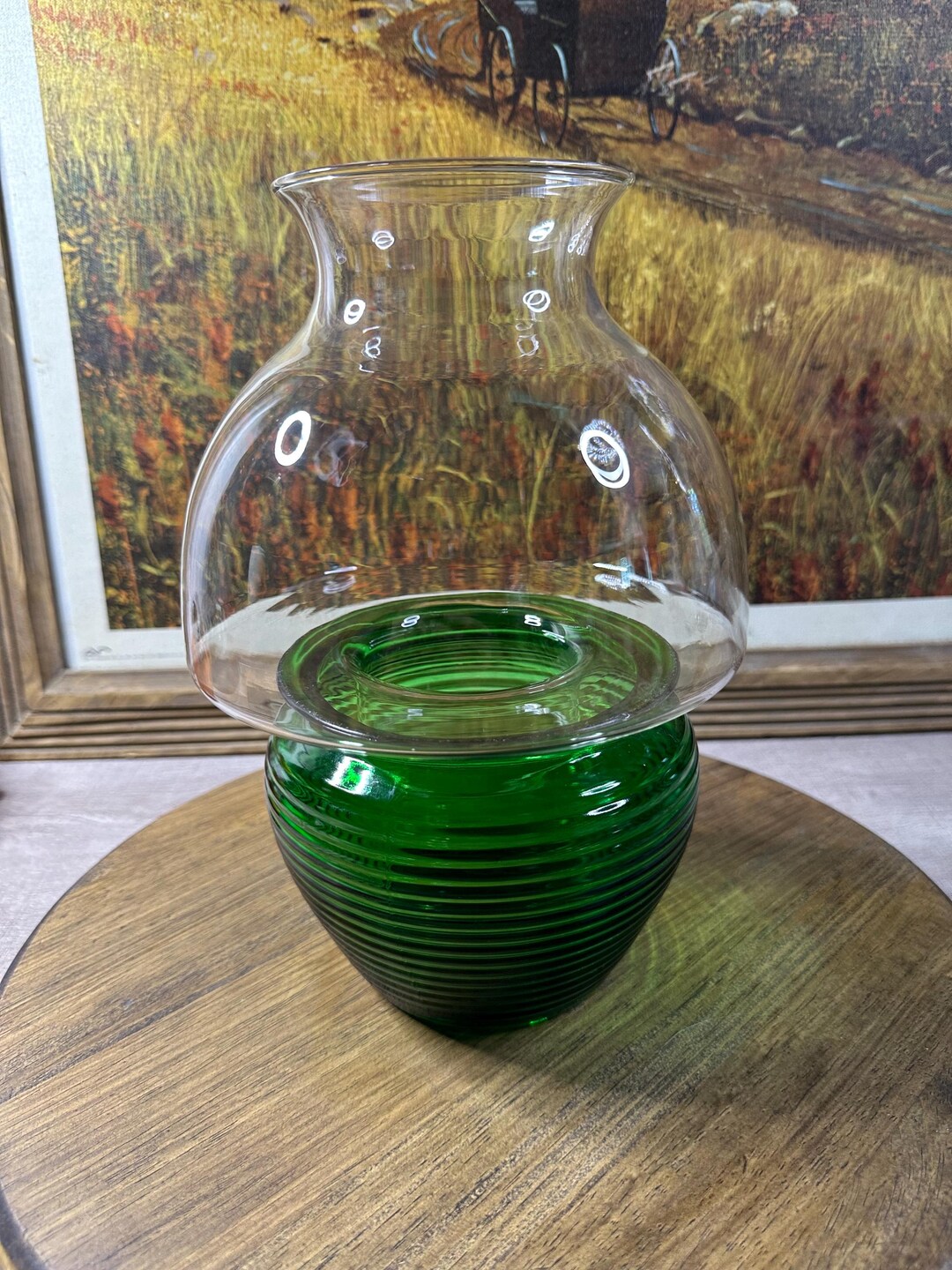 Green Tobacco Depression Glass Beehive Vase With Hurricane Globe 1950 ...