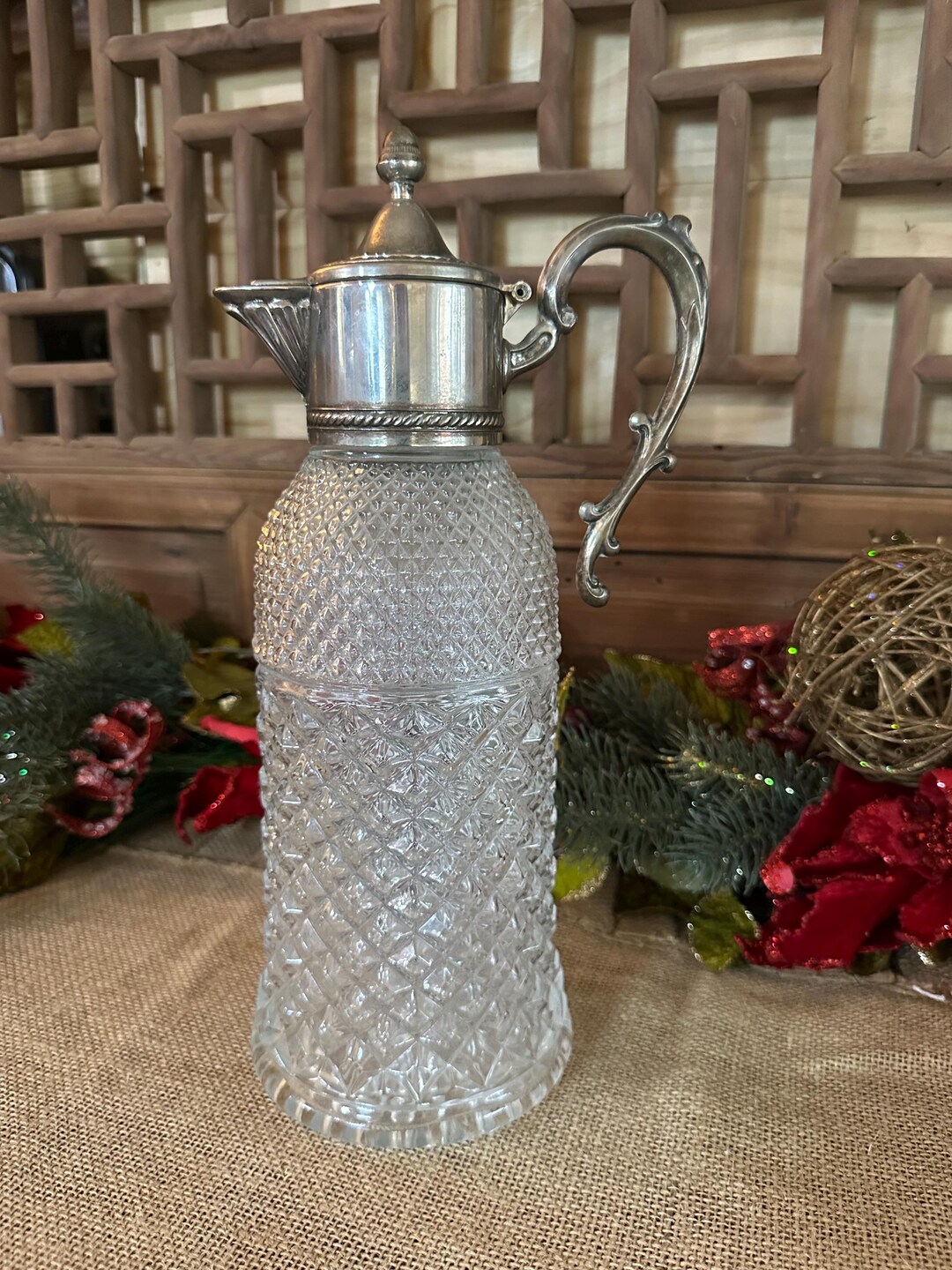 Crystal Carafe Pitcher Decanter Silver Plated Lid Pour Spout Made in ...