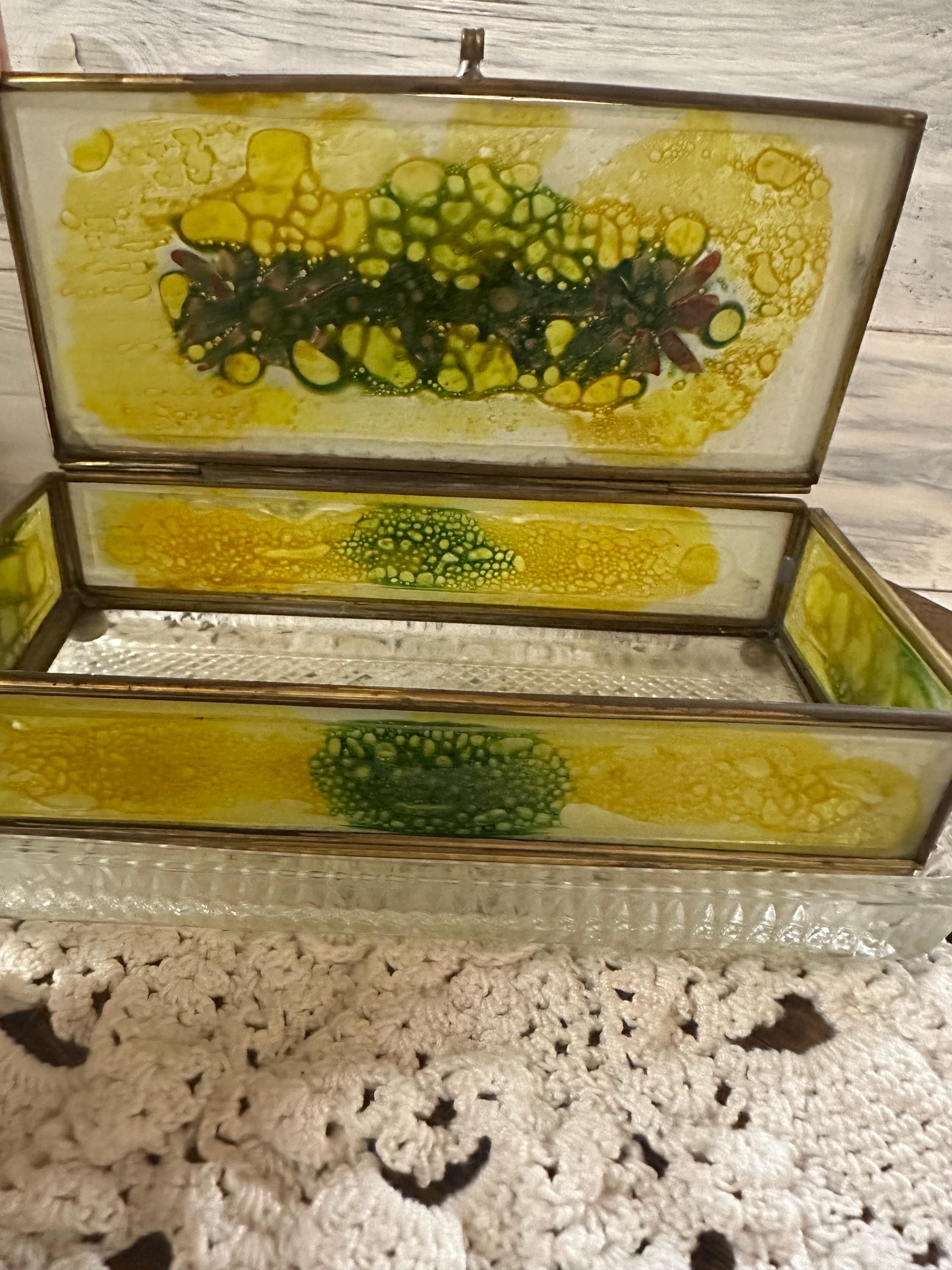 Art Deco Vintage Glass Box With Brass Metal Edges. Footed Ball Feet ...