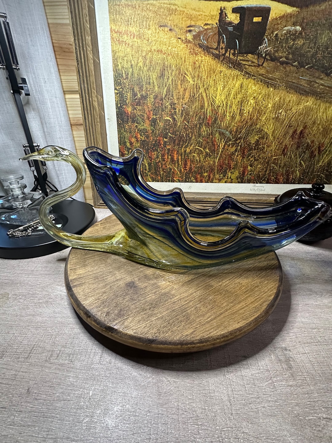 Vintage Glass Swan Bowl Hand Blown Blue Murano Glass Large Unique ...