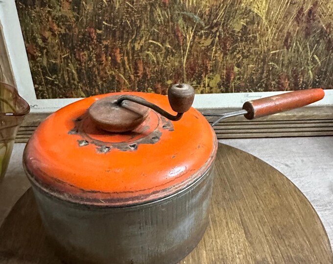 Antique Popcorn Popper Aluminum Orange Pan, Lidded Metal Pot, Hand ...