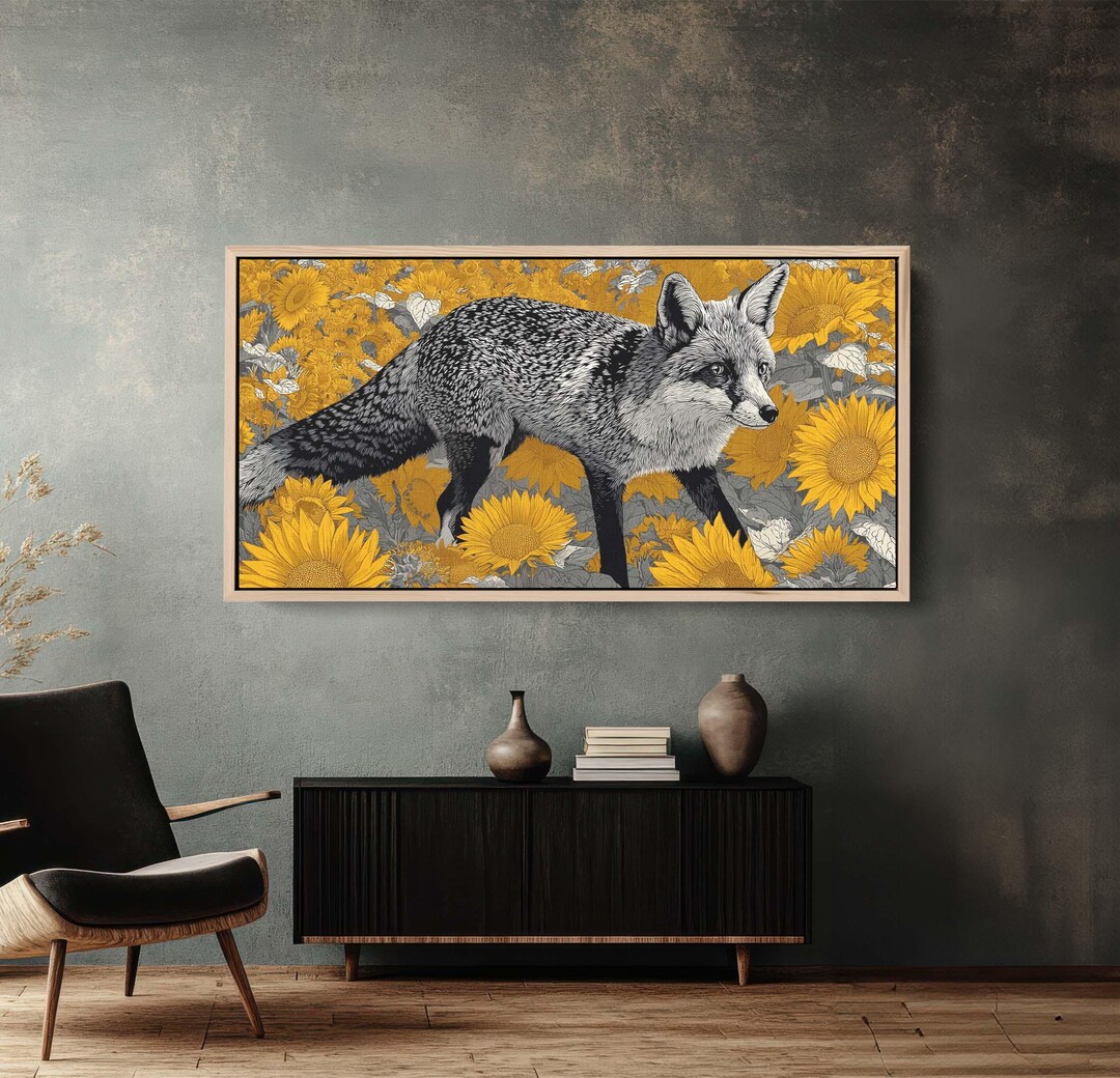 Grey Fox in Sunflowers Canvas Print, Woodland Animal Art, Botanical ...