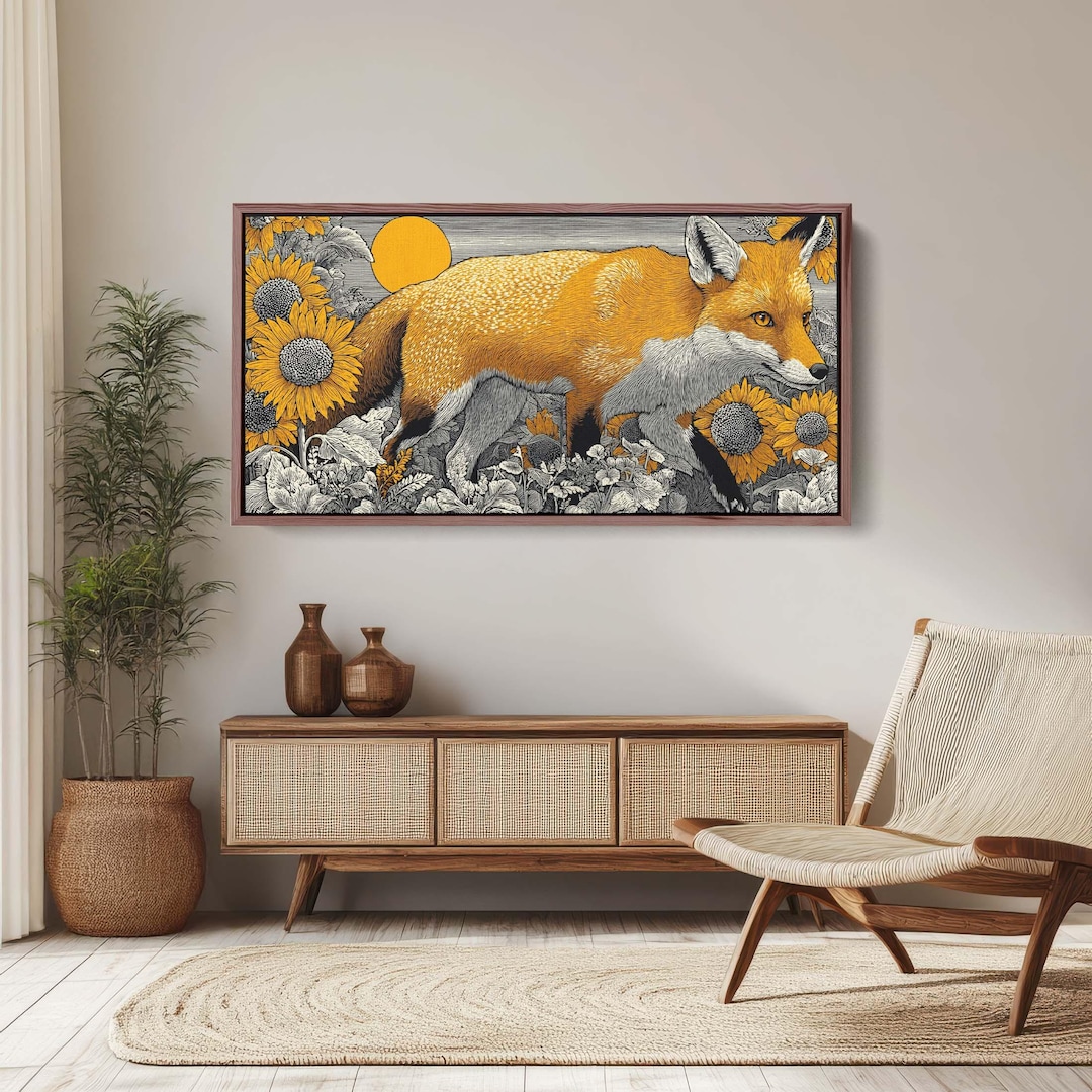 Red Fox and Sunflowers Canvas Print, Vibrant Wildlife Art, Sunny Nature ...