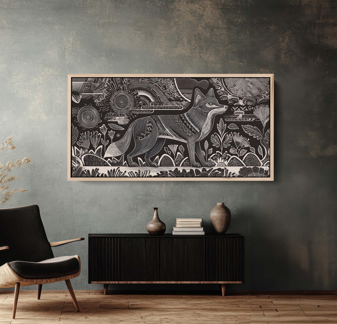 Stylized Fox in Night Garden Canvas Print, Scratchboard Folk Art, Black ...