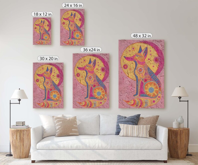 Folk Art Fox Canvas Print, Celestial Animal Painting, Textured Fresco ...