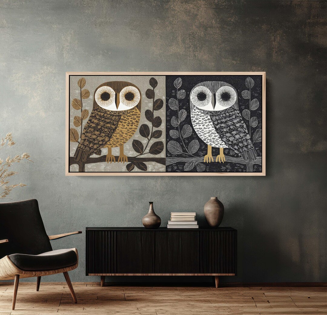 Mid Century Modern Owl Pair Canvas Print, Scandi Folk Art Canvas, Retro ...