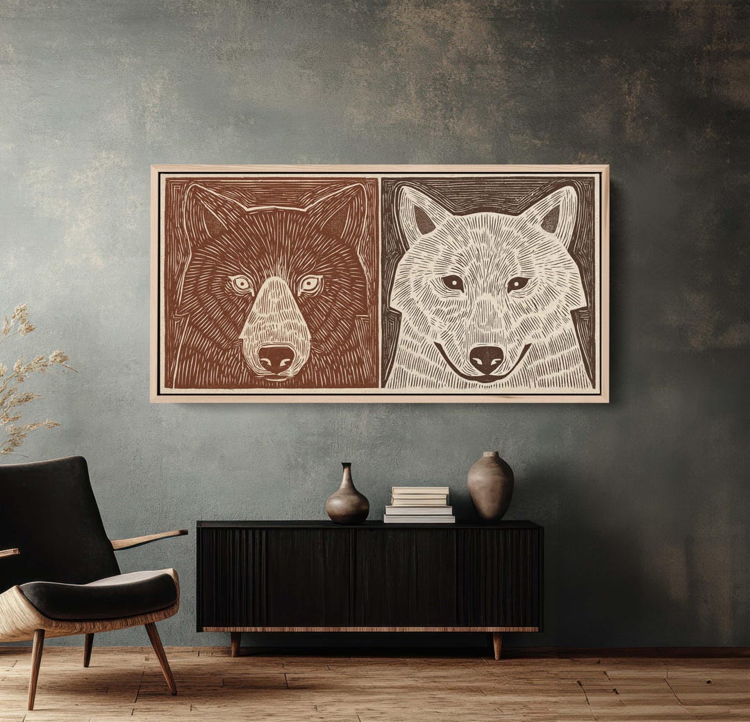 Wolf Portrait Linocut Set Canvas Print, Rustic Woodblock Animal Head ...