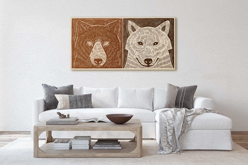 Wolf Portrait Linocut Set Canvas Print, Rustic Woodblock Animal Head ...
