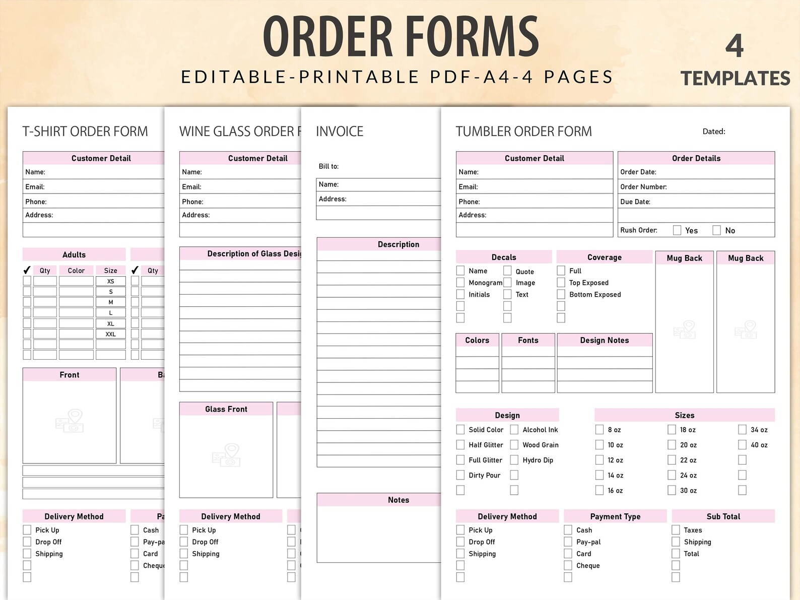 4 Editable Order Forms Bundle, Order Form Template Printable, Printable ...