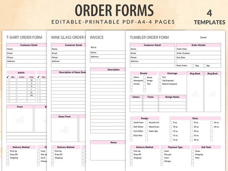 4 Editable Order Forms Bundle, Order Form Template Printable, Printable ...