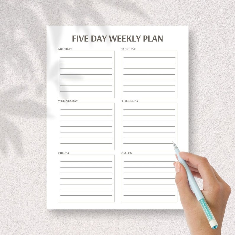 Five Day Weekly Planner Printable to Do List Weekly Schedule - Etsy