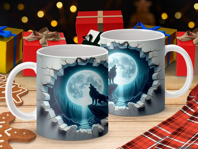 Wolf Howling at Full Moon Mug, Unique 3D Design Coffee Mug, Great ...