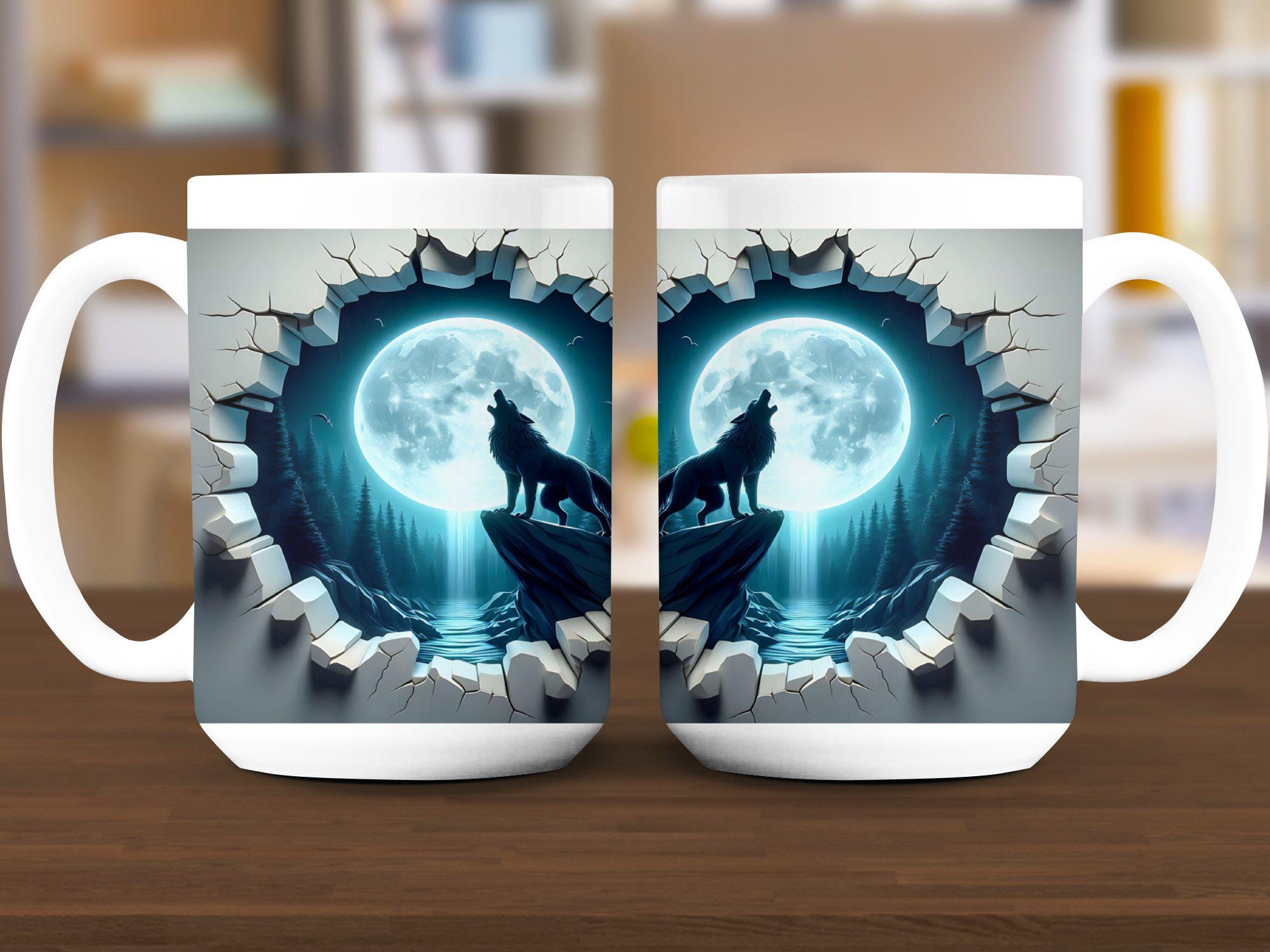 Wolf Howling at Full Moon Mug, Unique 3D Design Coffee Mug, Great ...