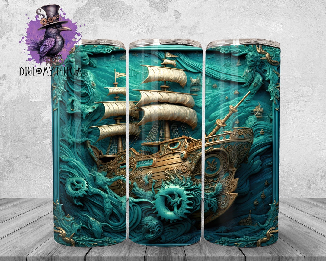 3D Steampunk Ship Tumbler Wrap Png, 20oz Nautical Tumbler Background ...
