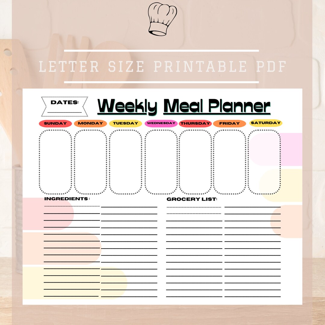 Weekly Meal Planner With Grocery List and Ingredient List, Letter Size ...