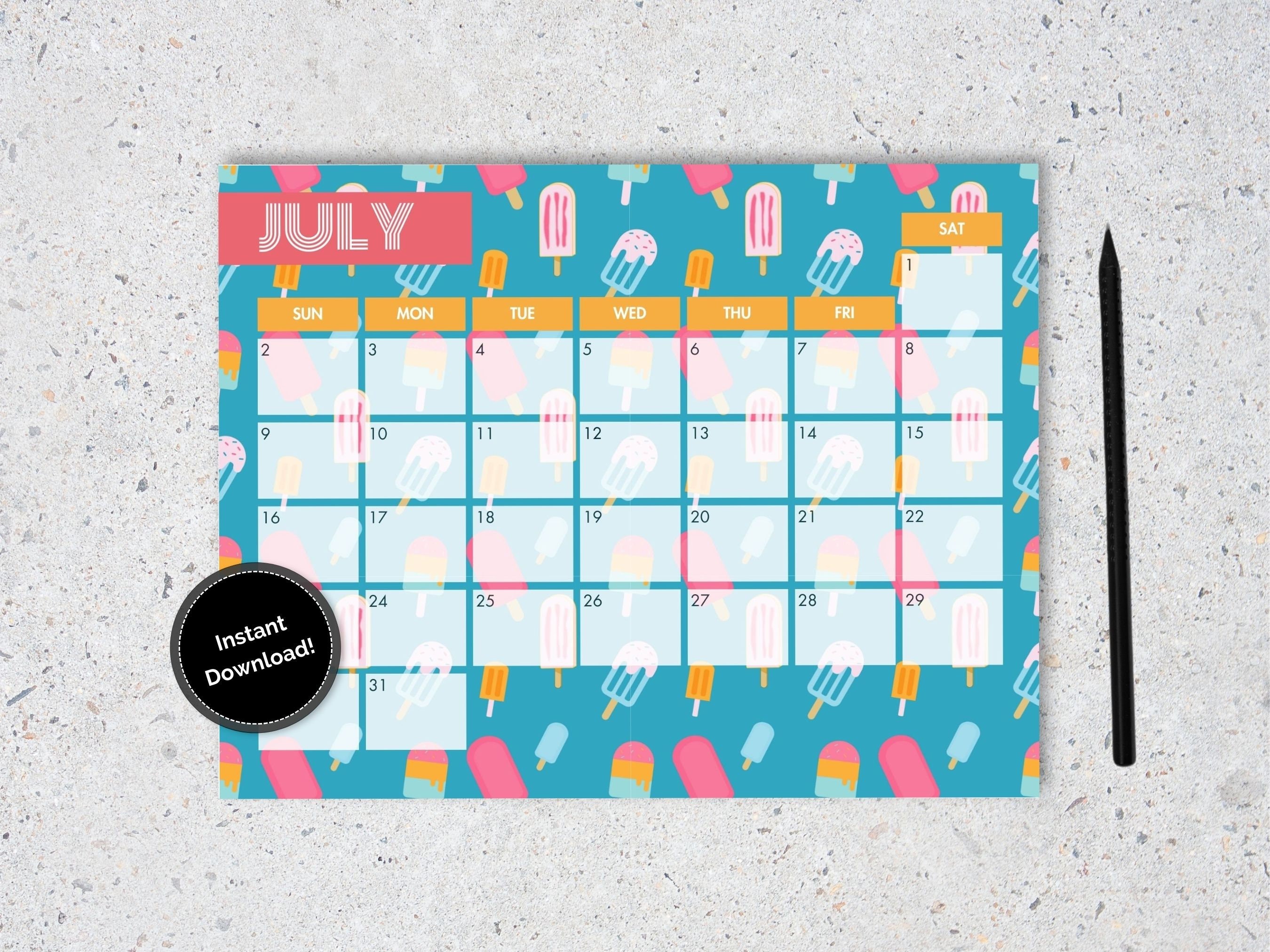 July 2023 Calendar Printable | Printable Fillable Planner | Popsicle ...