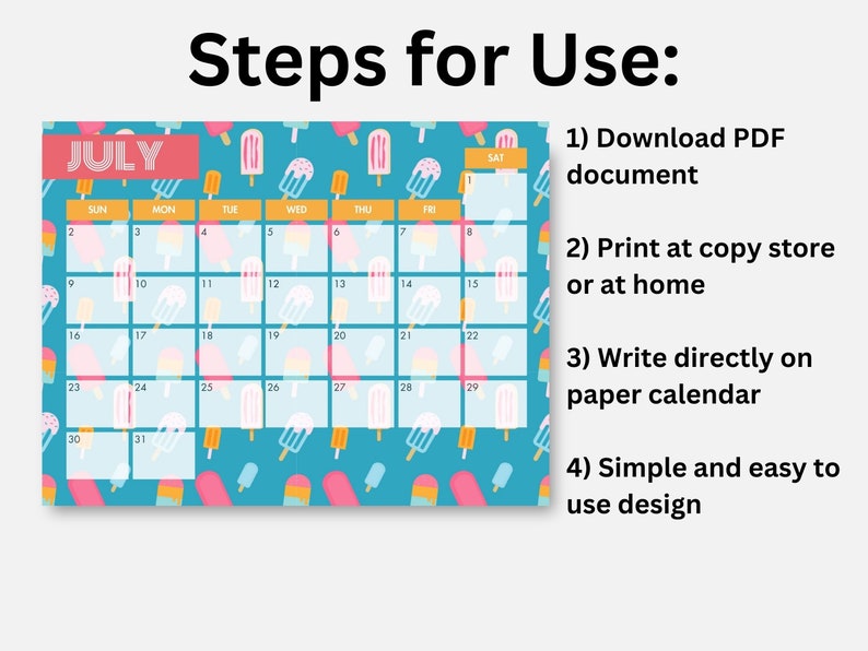 July 2023 Calendar Printable | Printable Fillable Planner | Popsicle ...