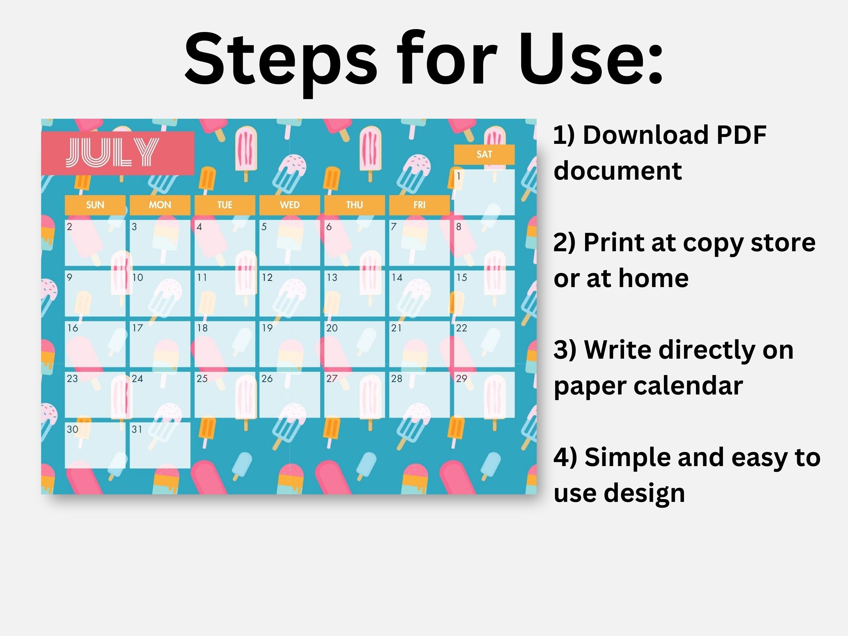 July 2023 Calendar Printable | Printable Fillable Planner | Popsicle ...