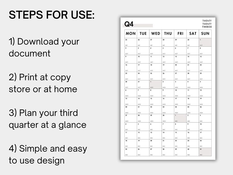 Minimalist Printable Q4 2023 Calendar, Family Calendar, Instant ...