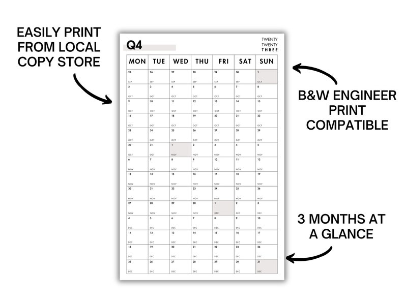 Minimalist Printable Q4 2023 Calendar, Family Calendar, Instant ...