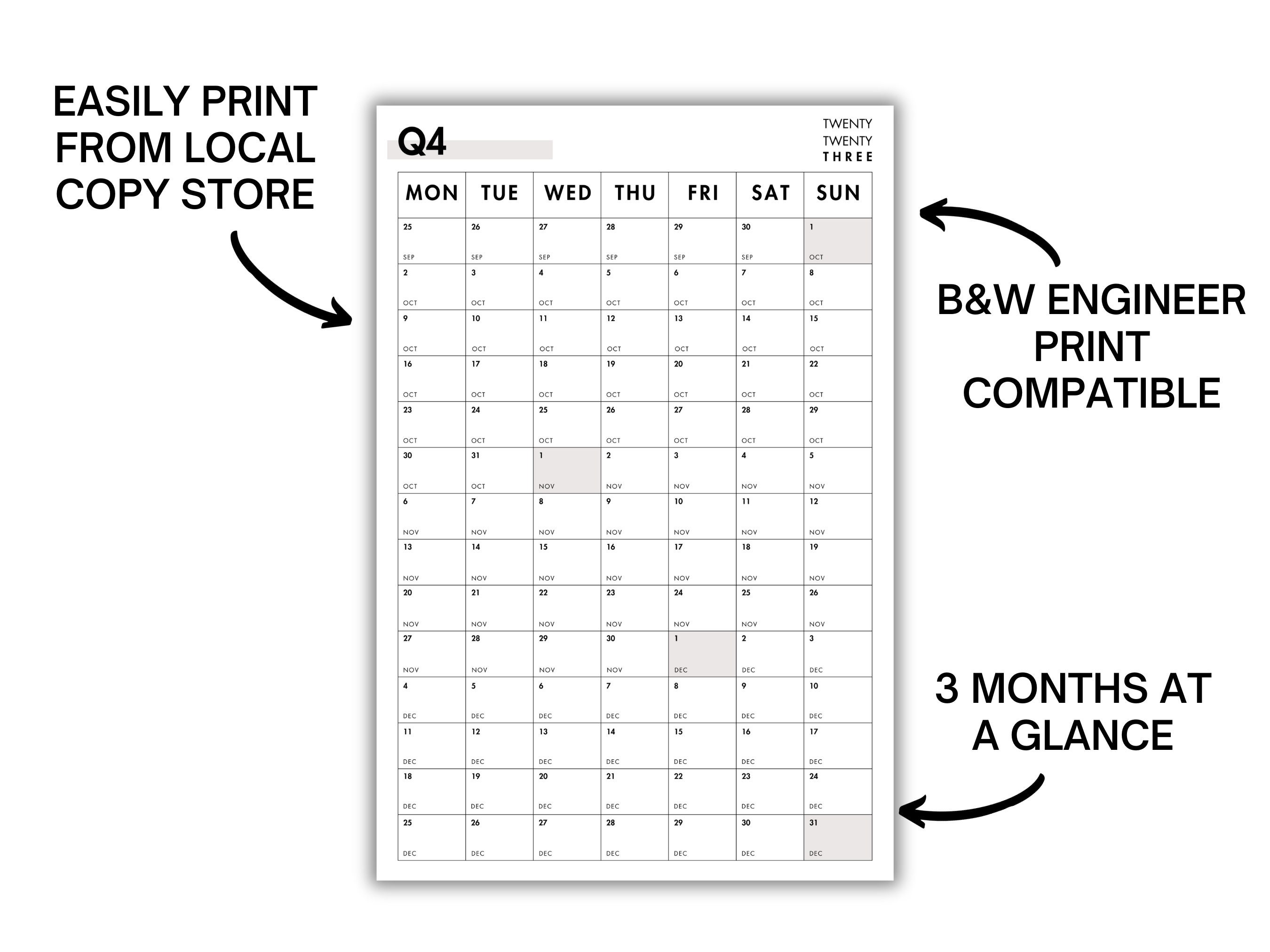 Minimalist Printable Q4 2023 Calendar, Family Calendar, Instant ...