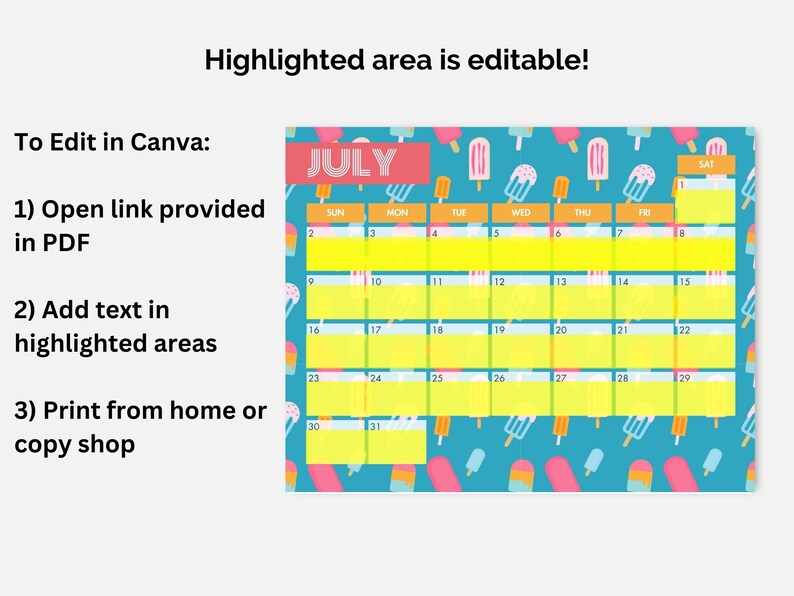 July 2023 Calendar Printable | Printable Fillable Planner | Popsicle ...