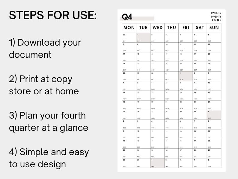 Aesthetic Printable Q4 2024 Monday Start Calendar, Family Calendar ...