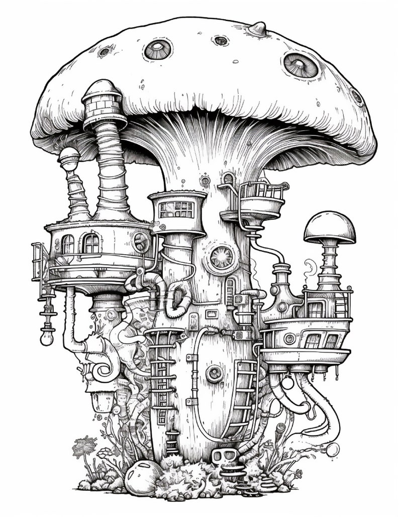 Steampunk Mushroom Coloring Book: Discover the Mechanical Wonderland of ...