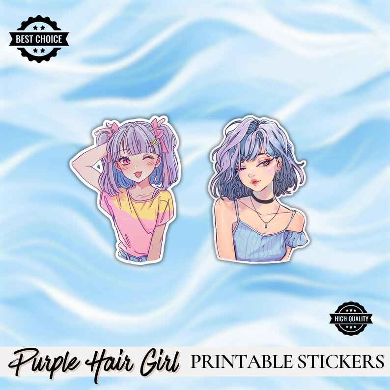 Printable Cute Kawaii Girl Stickers - Purple Hair Girl Stickers ...