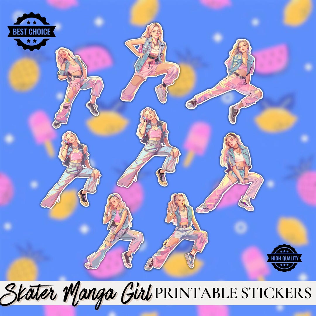 Skater Girl Stickers - Cute White Girl Stickers - Instant Download ...