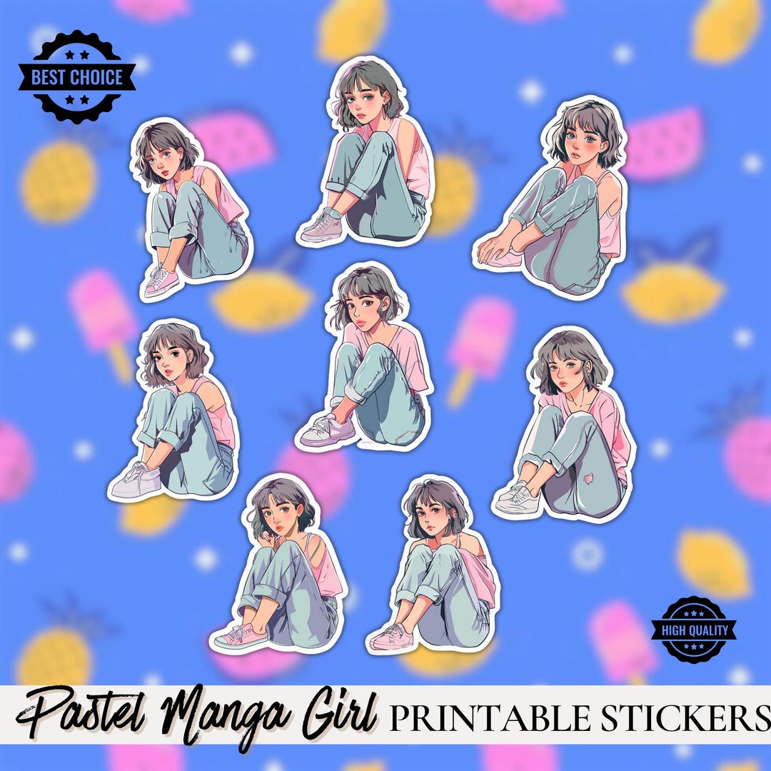 White Girl Pastel Manga Stickers - Cute Kawaii Girl Sickers - Instant ...
