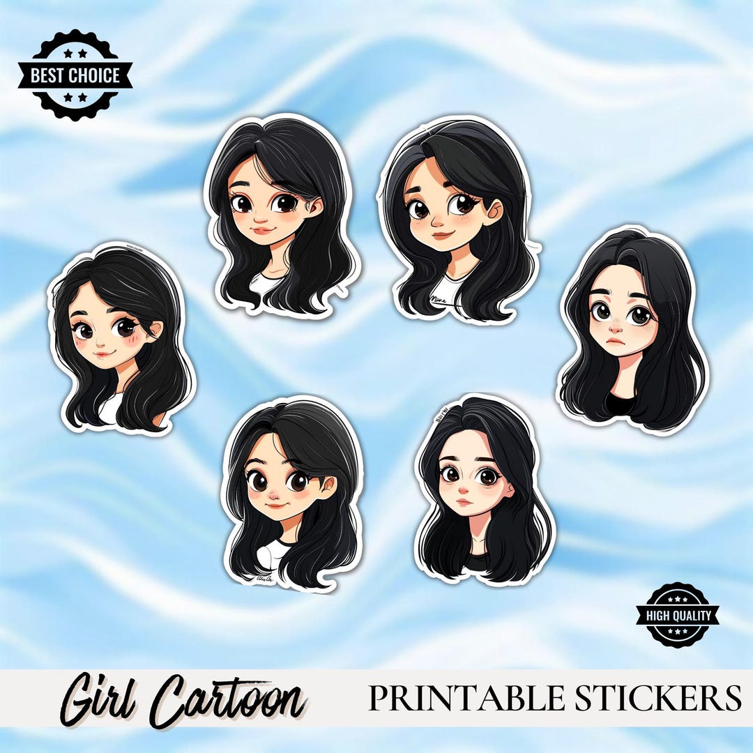 Printable White Cartoon Girl Stickers - Cartoon Girl Decal - Instant ...