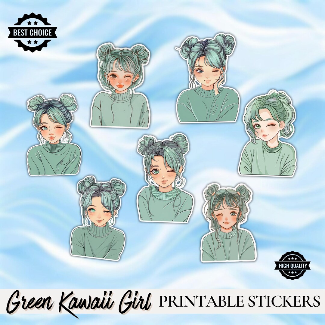 Green Kawaii Girl Stickers - Cute Anime Girl Decal - Green Kawaii ...